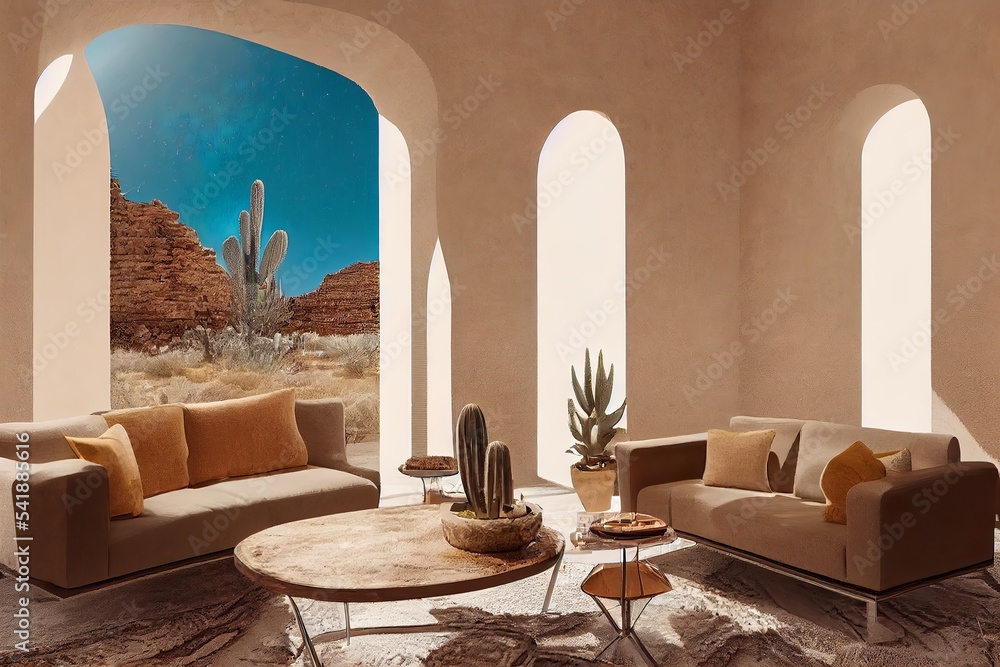 Desert style home living room with tables and chairs interior design ...