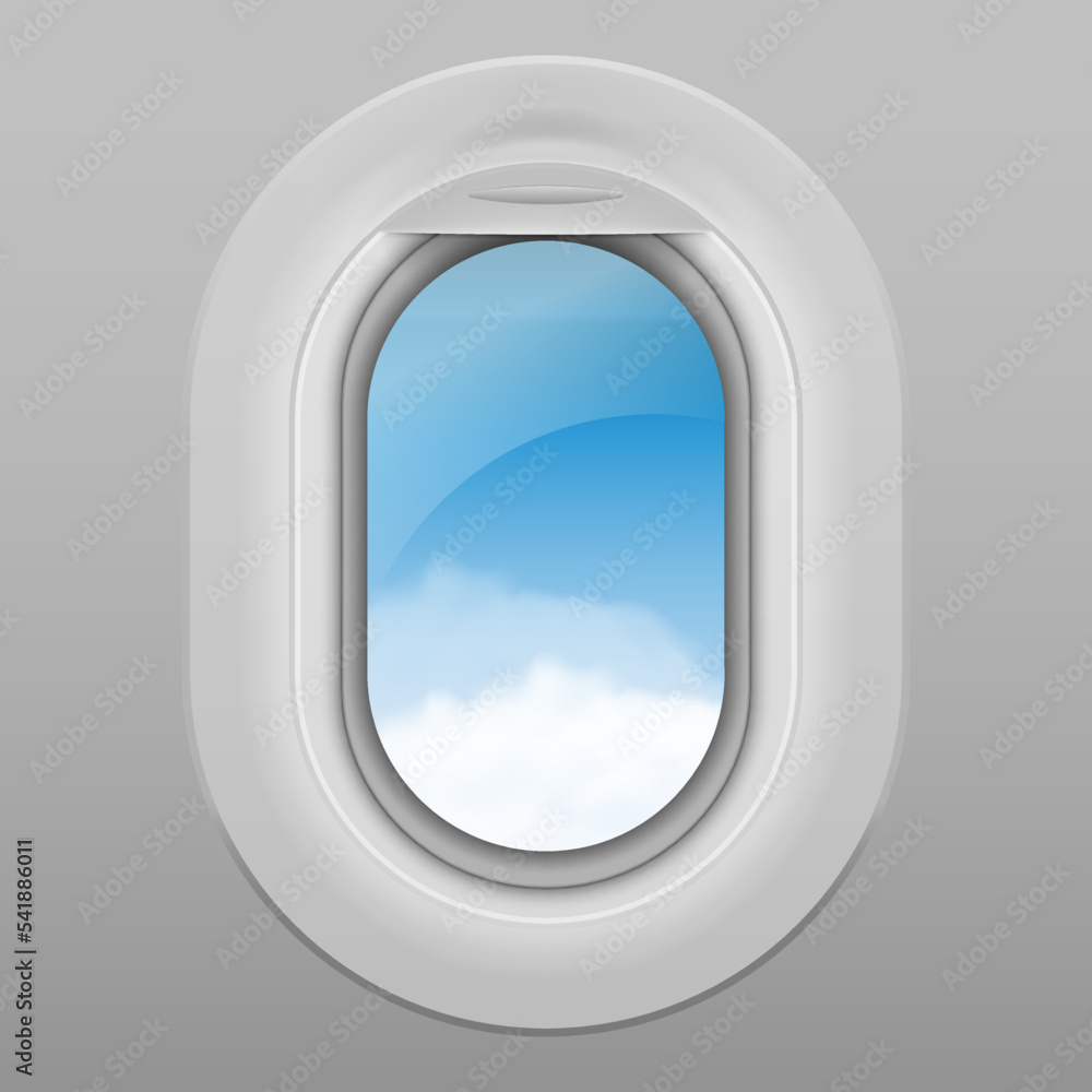 Realistic window of airplane. Sky with white clouds viewed from inside ...