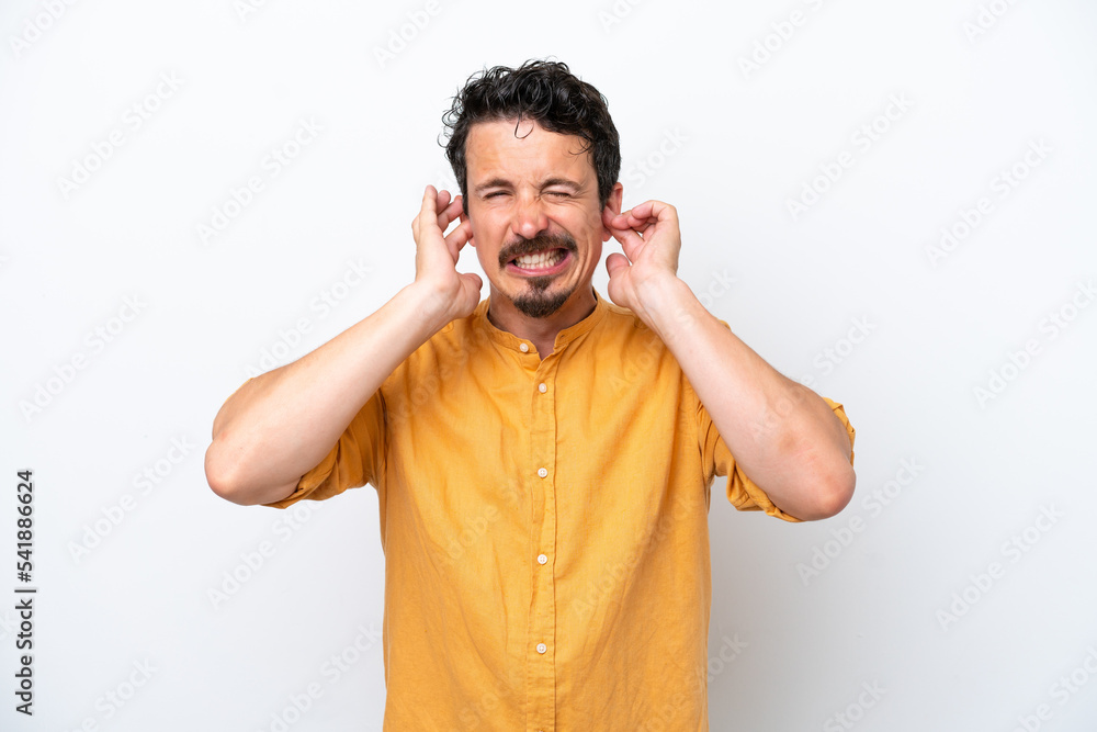 Young man with moustache isolated on white background frustrated and ...