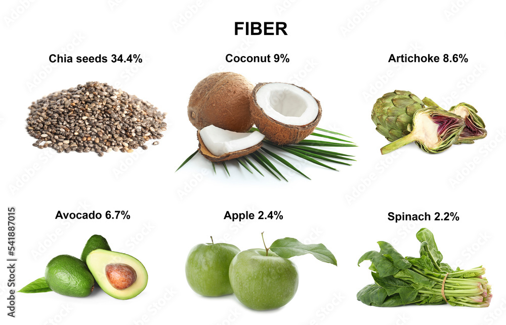 Set with different products rich in fiber on white background Stock ...