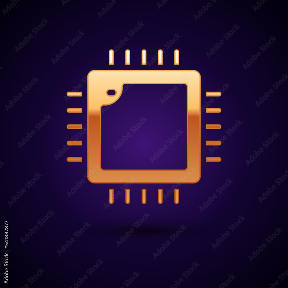Gold Computer processor with microcircuits CPU icon isolated on black background. Chip or cpu ...