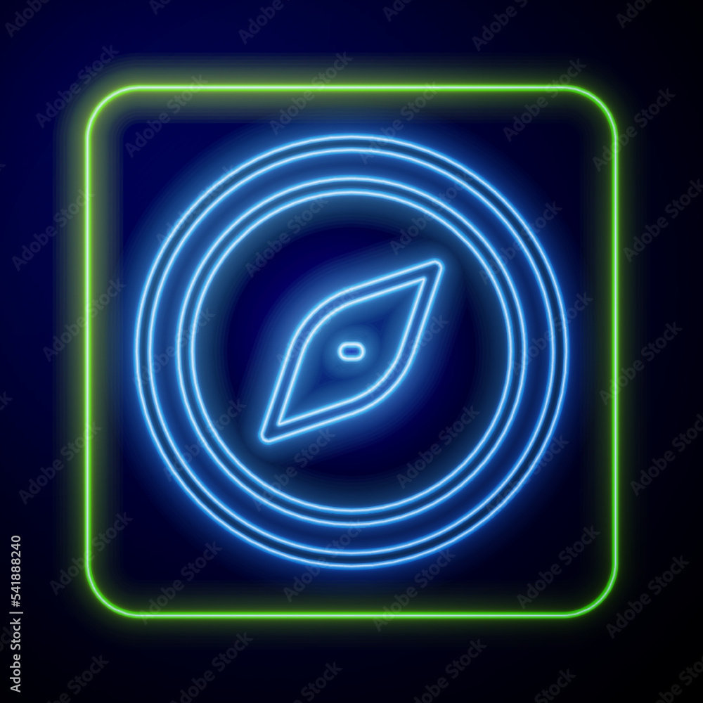 Glowing neon Compass icon isolated on blue background. Windrose ...