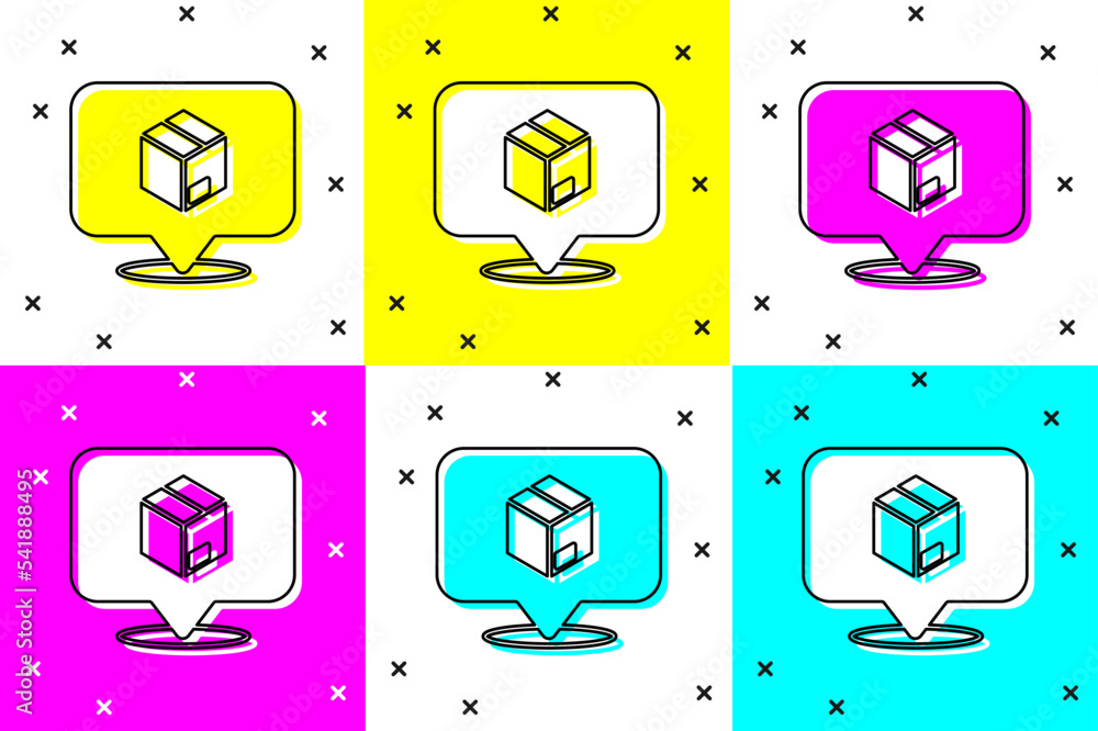 Set Location with cardboard box icon isolated on color background ...