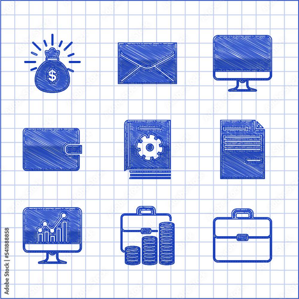 Set User manual, Briefcase and coin, Document, Computer monitor with ...