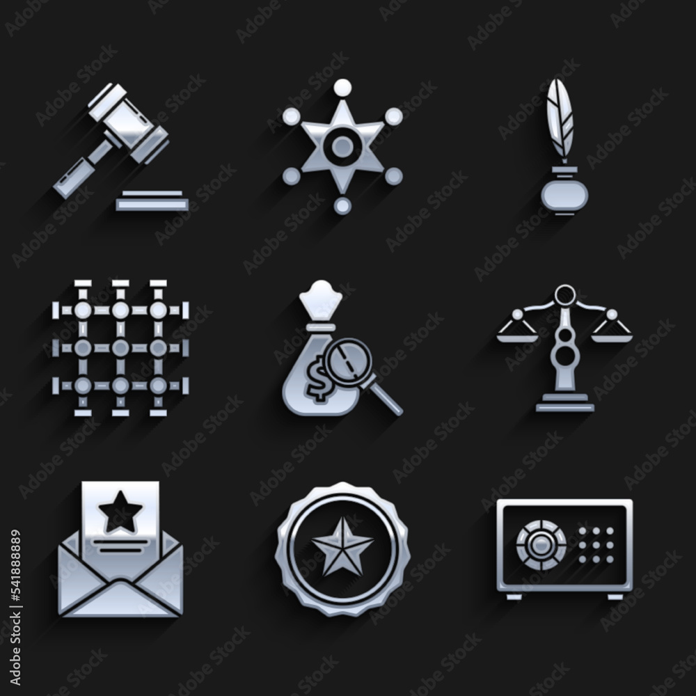 Set Money bag and magnifying glass, Police badge, Safe, Scales of ...