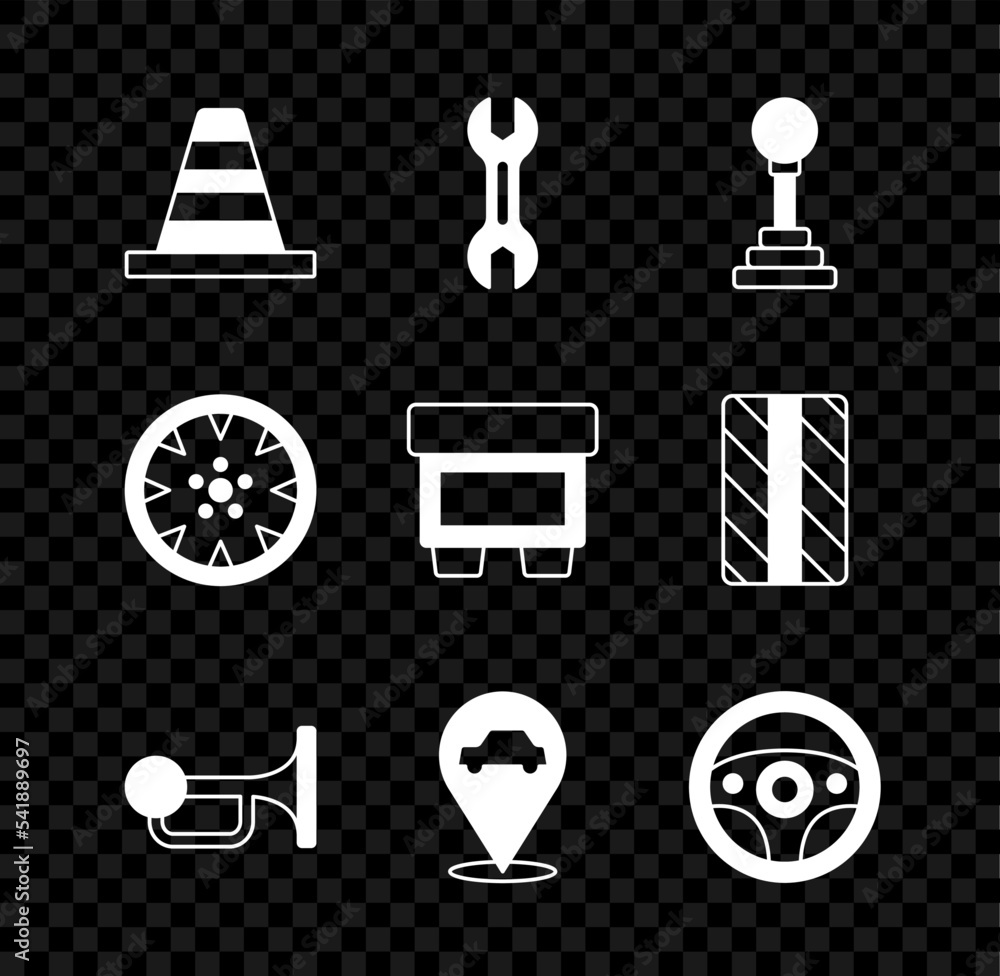 Set Traffic cone, Wrench spanner, Gear shifter, Signal horn vehicle ...