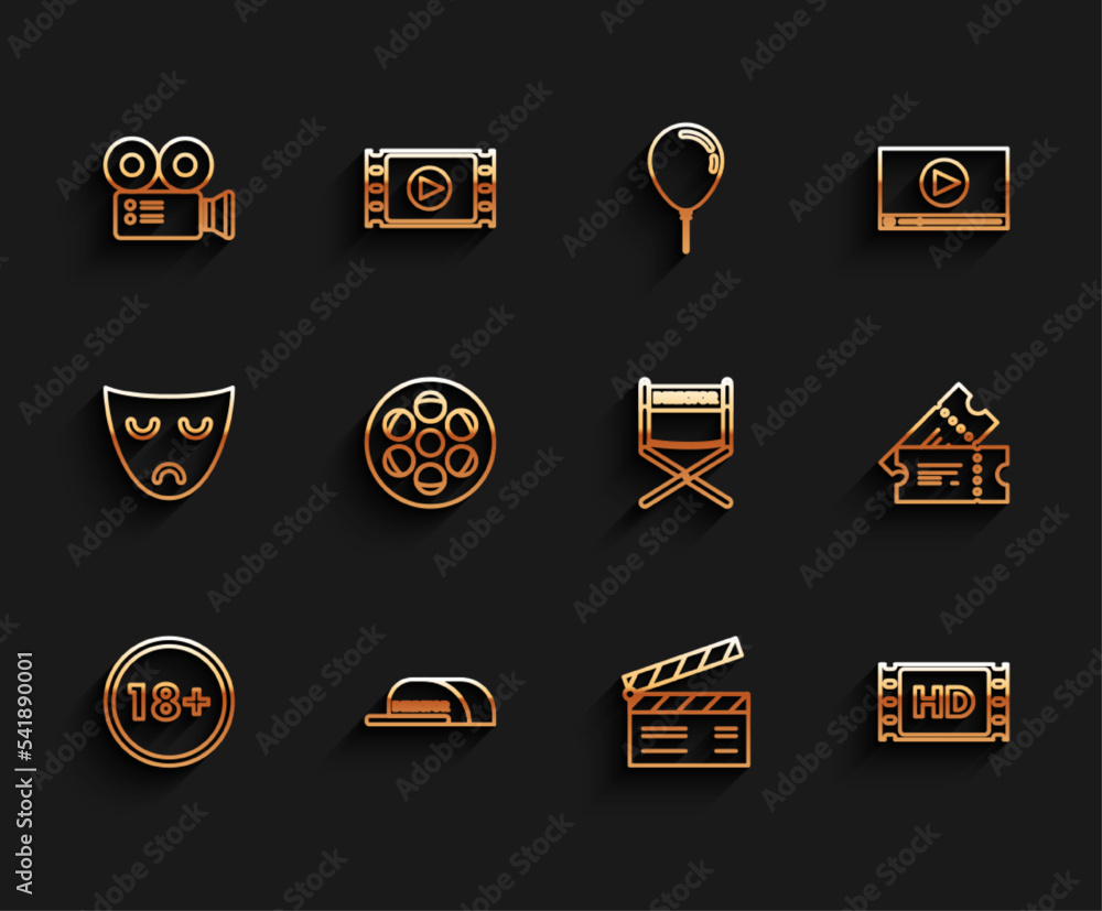 Set line Under 18 years, Cap with inscription director, Cinema camera ...