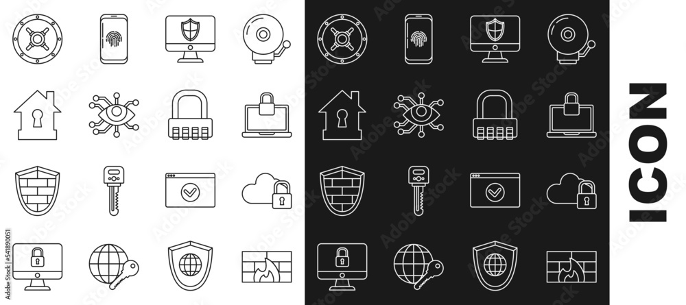 Set Line Firewall Security Wall Cloud Computing Lock Laptop And Computer Monitor Shield Eye