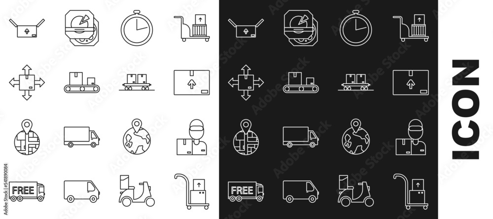 Set line Hand truck and boxes, Delivery man with cardboard, Cardboard traffic symbol, Stopwatch ...