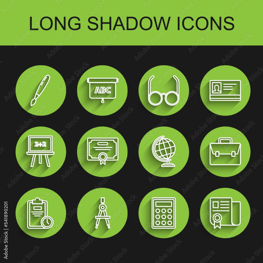 Set line Exam sheet with clock, Drawing compass, Paint brush ...