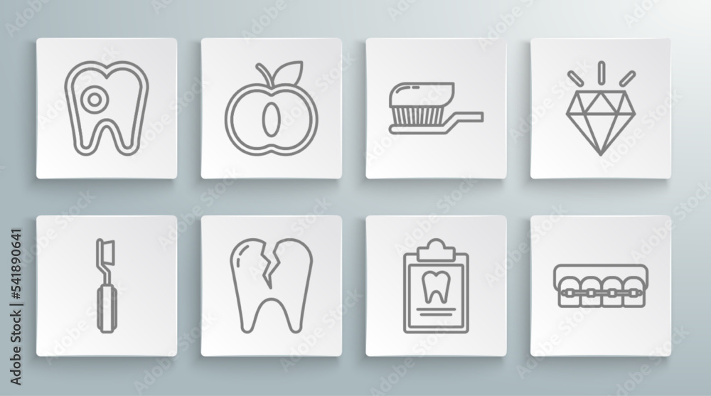 Set line Toothbrush, Apple, Broken tooth, Clipboard with dental card ...