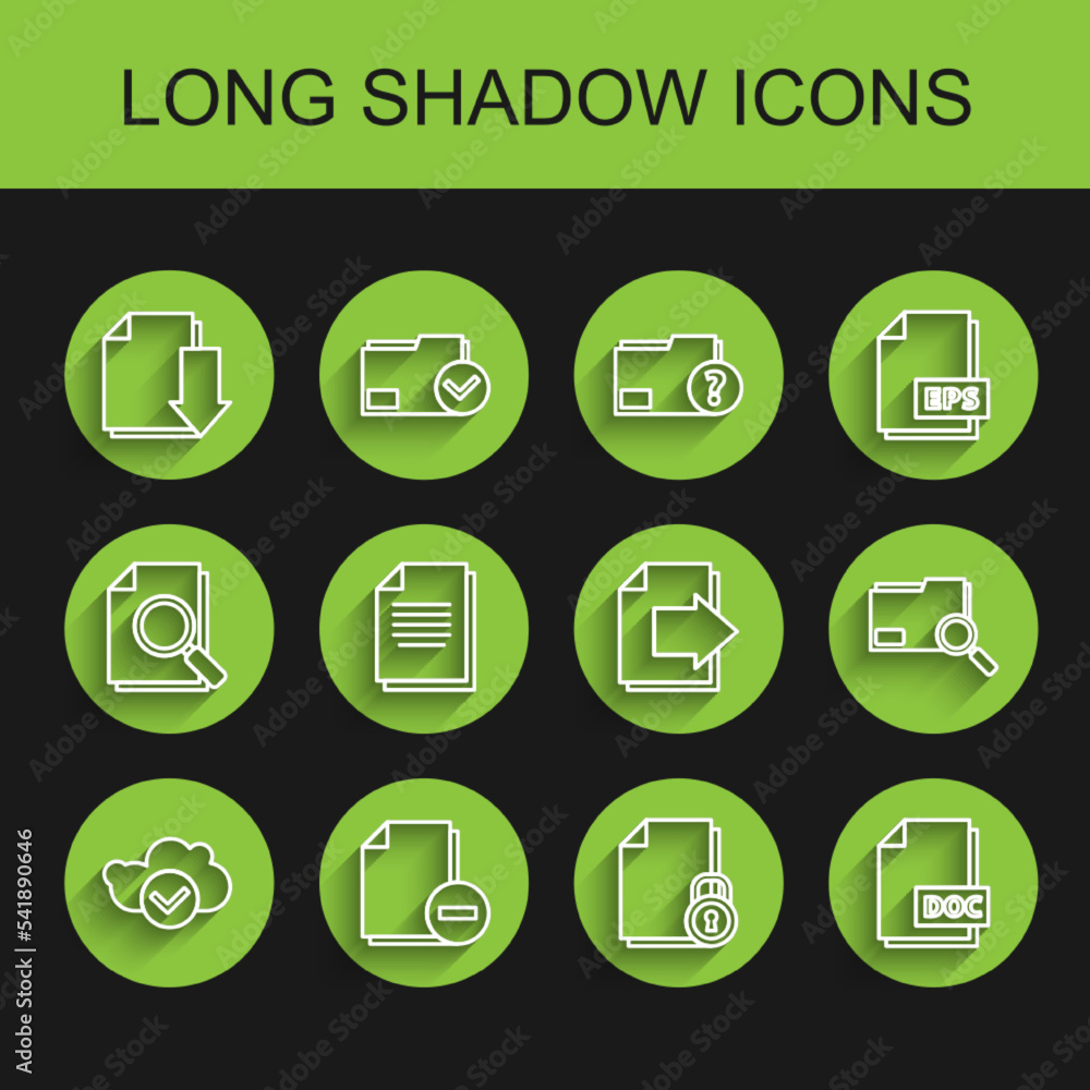 Set line Cloud with check mark, Document minus, download, and lock, DOC file document, Search ...
