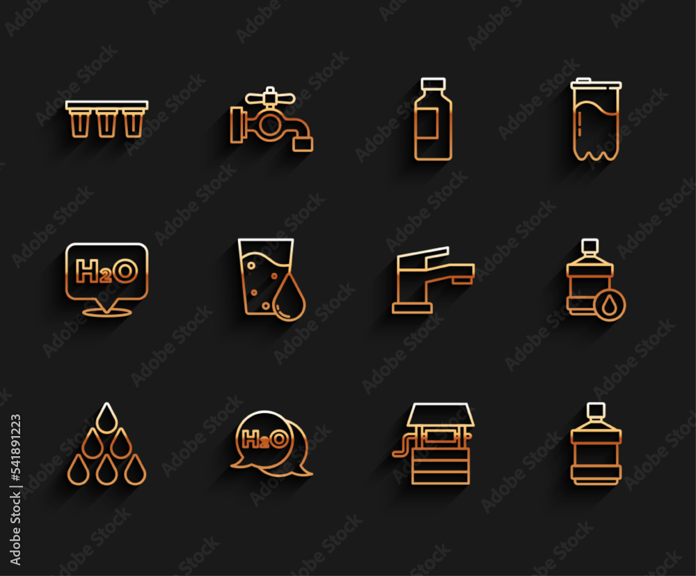 Set line Water drop, Chemical formula for H2O, filter, Well with bucket ...