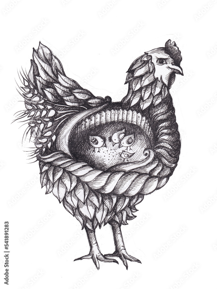Hand drawn illustration of a big hen. Beautifully draw of a stylized ...