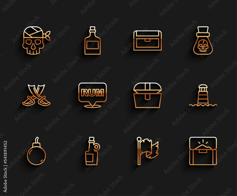 Set line Bomb ready to explode, Alcohol drink Rum, Pirate captain, flag ...