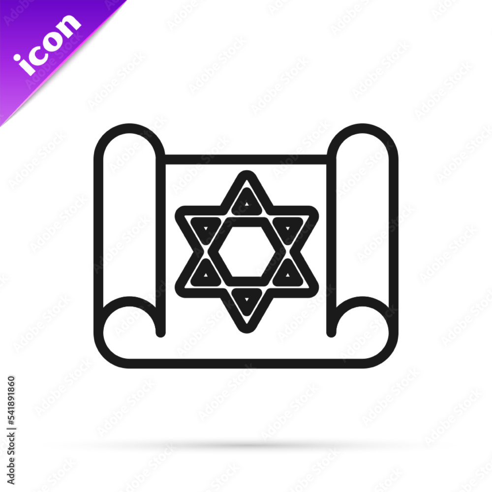 Black line Torah scroll icon isolated on white background. Jewish Torah ...