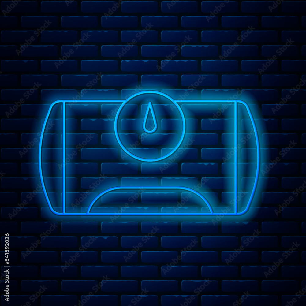 Glowing neon line Gas tank for vehicle icon isolated on brick wall ...