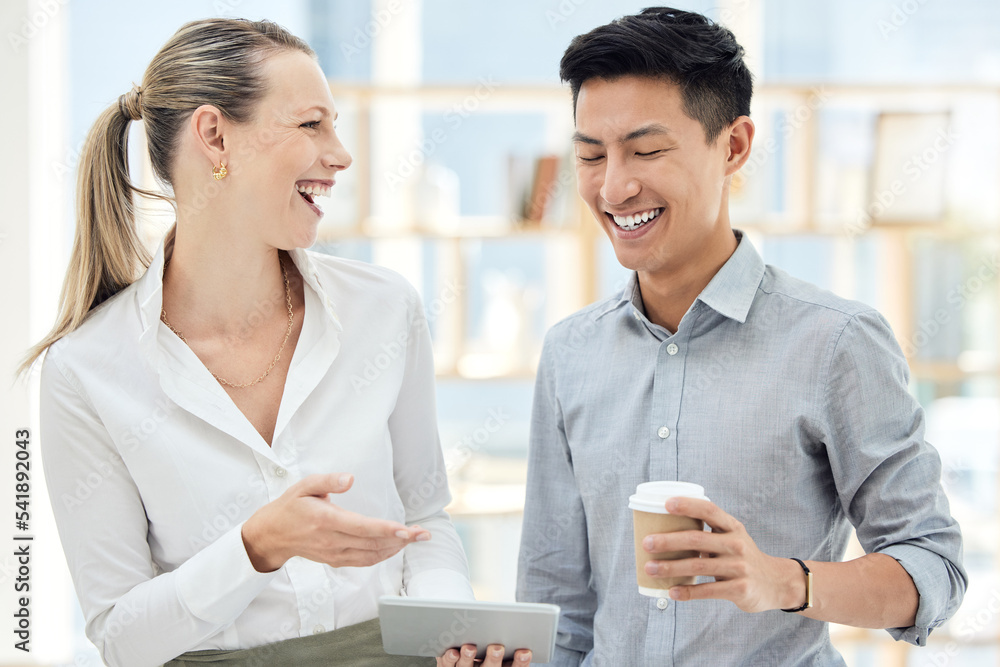 Diversity, startup and employees with smile, tablet and happy ...
