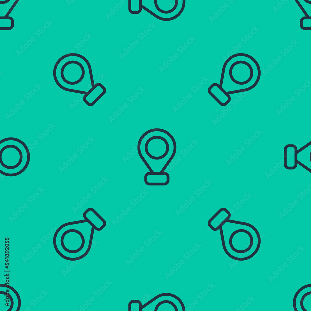 Blue line Map pin icon isolated seamless pattern on green background ...