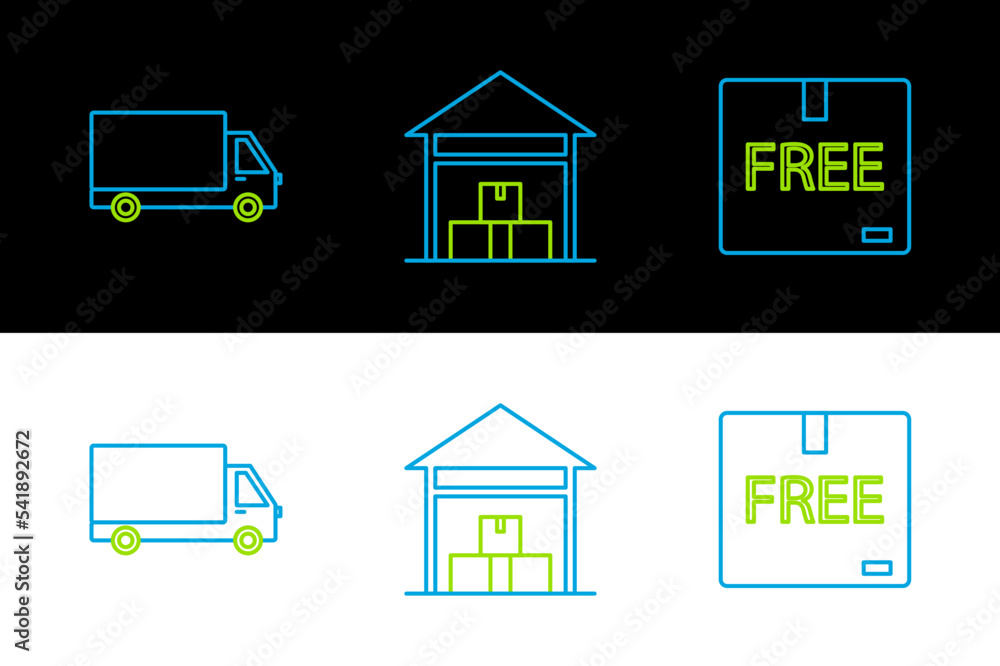 Set line Cardboard box with free symbol, Delivery cargo truck vehicle and Warehouse icon. Vector ...