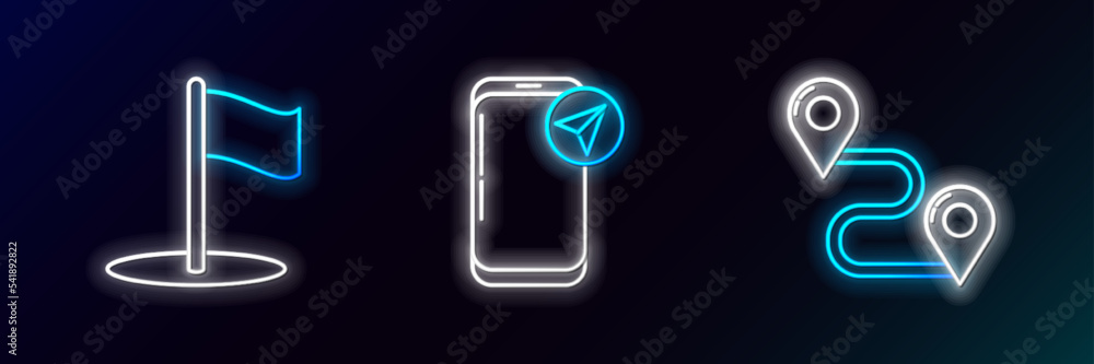 Set Line Route Location Flag And Infographic Of City Map Navigation Icon Glowing Neon Vector