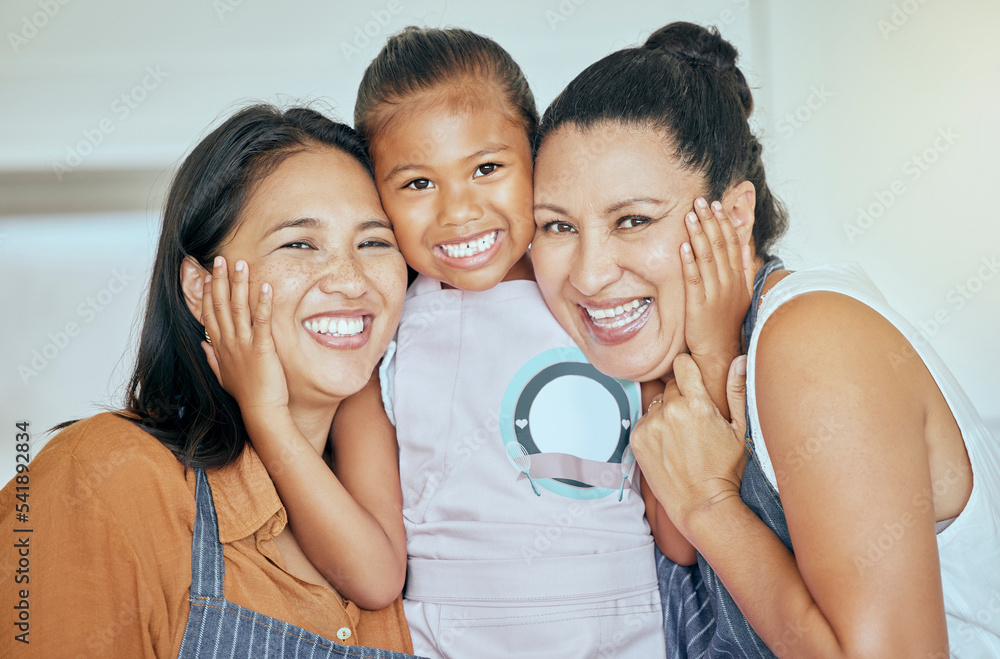 Mother, grandmother and child in apron, hug and cooking together in ...