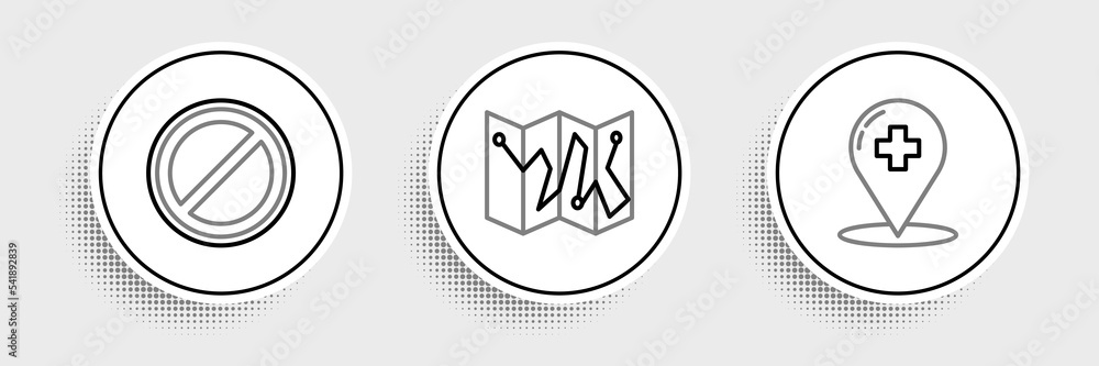 Set line Location on the globe, Stop sign and Folded map with location ...