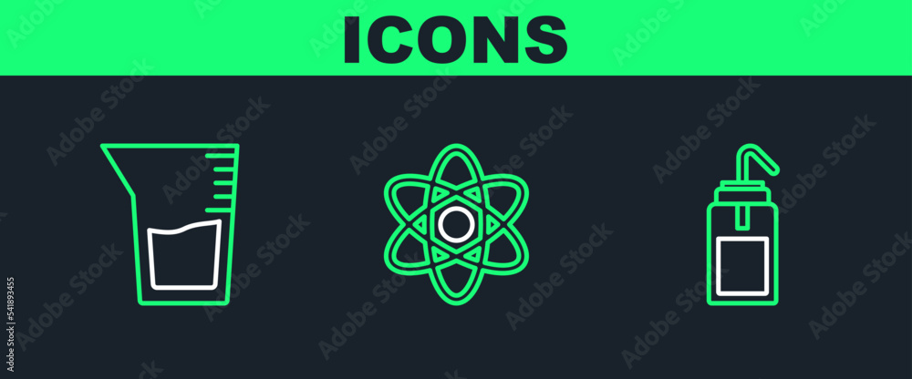 Set line Laboratory wash bottle, glassware beaker and Atom icon. Vector ...