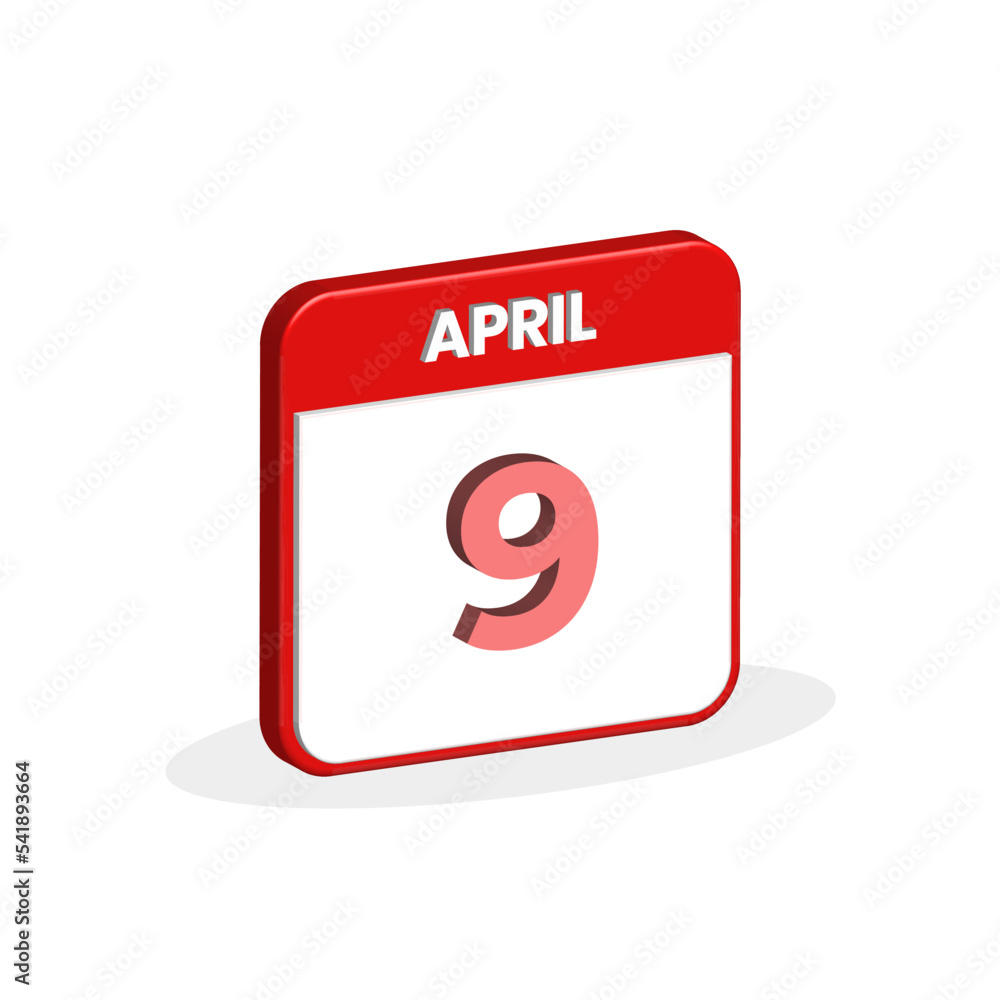 9th April calendar 3D icon. 3D April 9 calendar Date, Month icon vector ...
