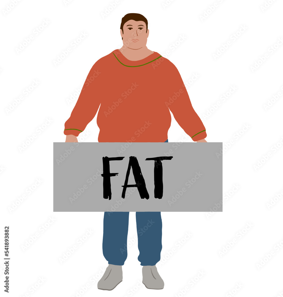 Fat man holding banner with text. Editable template for gaining weight ...
