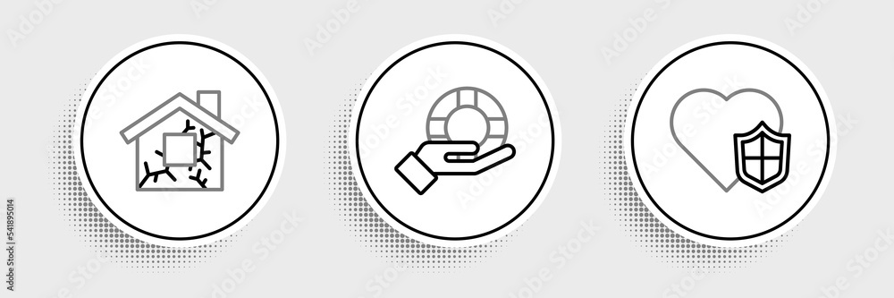 Set line Life insurance with shield, House and Lifebuoy hand icon ...