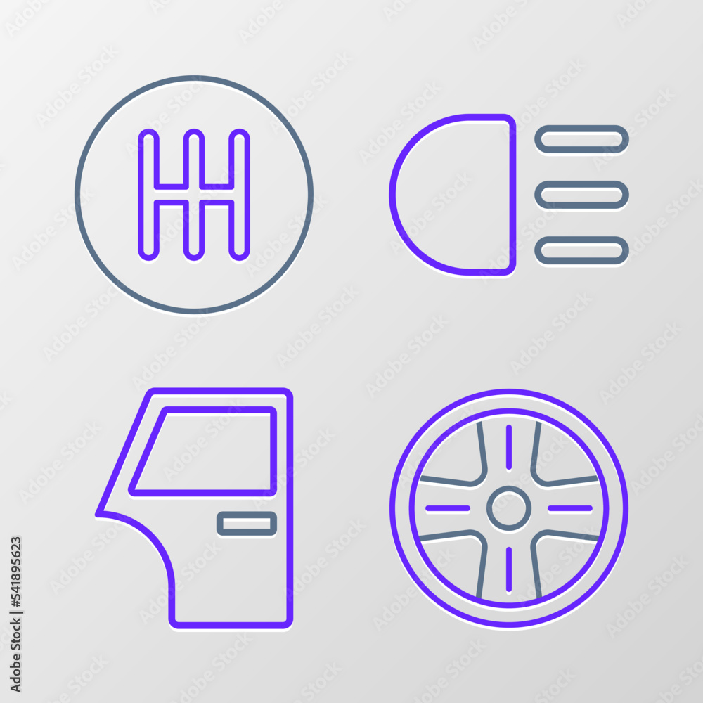 Set line Alloy wheel, Car door, High beam and Gear shifter icon. Vector ... Set line Alloy wheel, Car door, High beam and Gear shifter icon. Vector ...