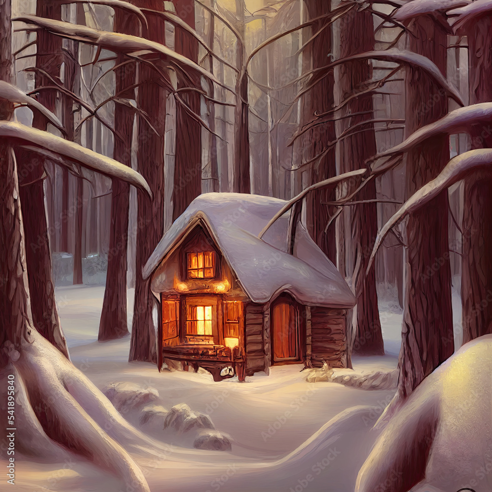 Fantasy Log Cabin covered in snow, ai generative art, winter ...