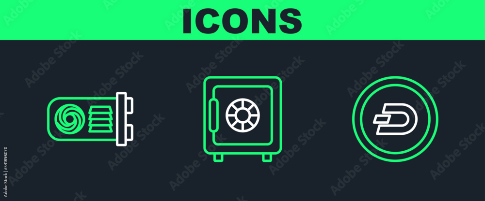 Set line Cryptocurrency coin Dash, Mining farm and Safe icon. Vector ...