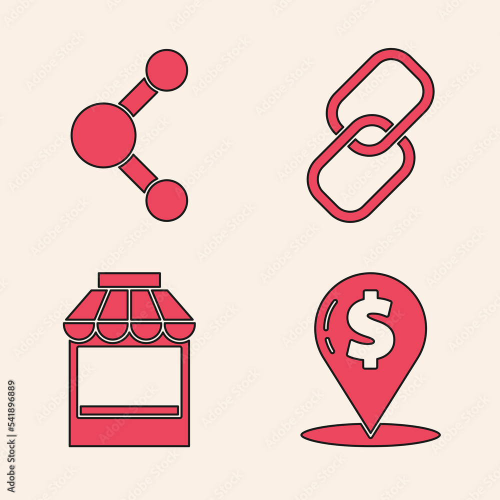 Set Cash location pin, Share, Chain link and Shopping building or ...
