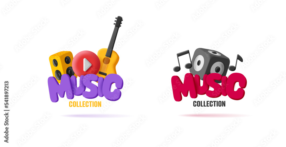 music 3d composition withboombox and guitar and columns, rounded 3d ...