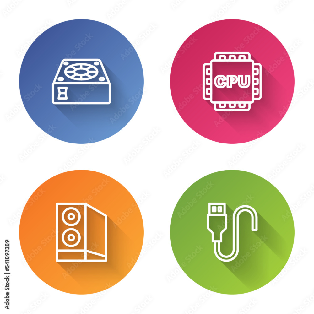 Set line Computer cooler, Processor with CPU, Case of computer and USB cable cord. Color circle ...