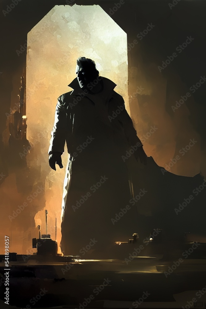 Dark noir silhouette of a detective in a dark dystopian street ...