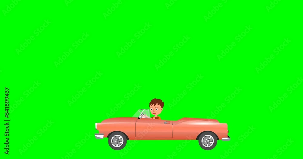 Man driving in a car 2d animation cartoon in green screen background ...