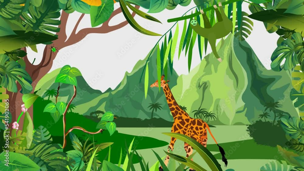 “Cute 2D cartoon giraffe walking in jungle, loopable animation . Hand ...