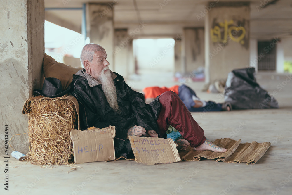 An old homeless man wearing a sweater and blanket sleeps on cardboard ...