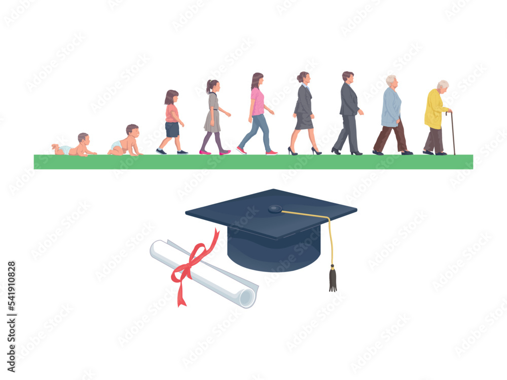Life cycles of woman from a baby to senior woman and graduation cap ...