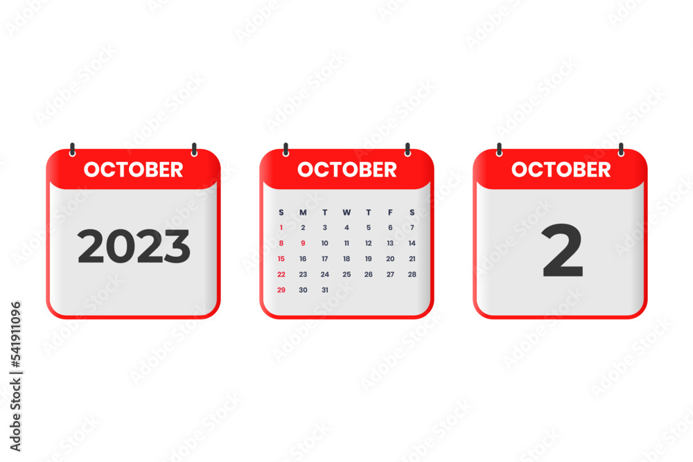 October 2023 calendar design. 2nd October 2023 calendar icon for ...