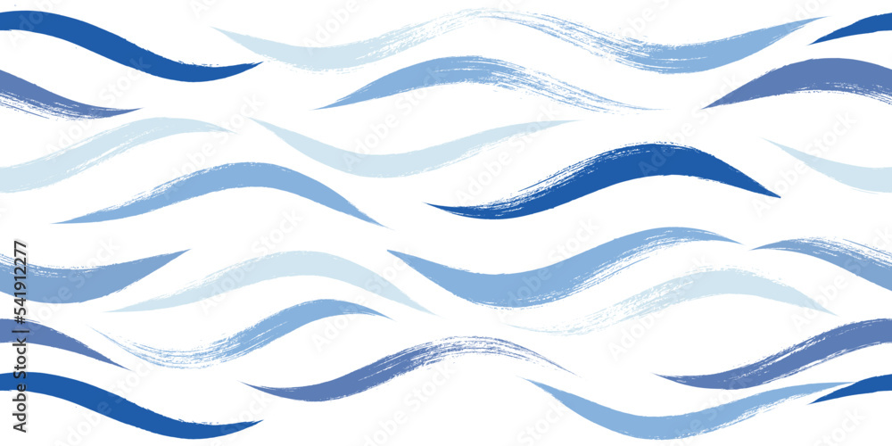 Seamless Wave Pattern, Blue wavy brush stroke. Hand drawn water sea ...