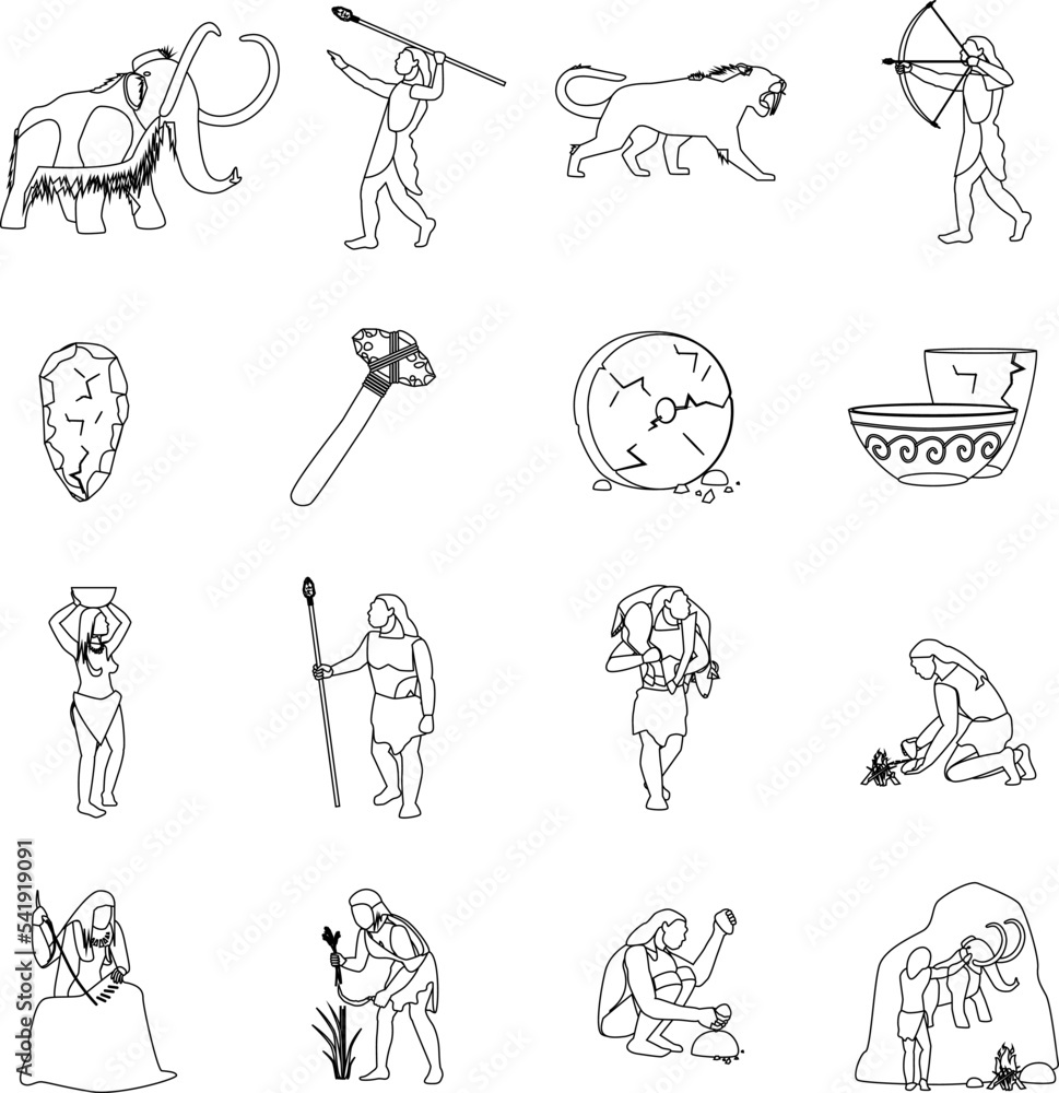 Prehistoric stone age outline flat vector icon collection set Stock ...