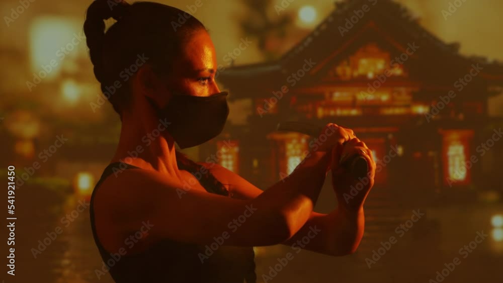 Beautiful ninja girl in a mask and with a katana. Samurai woman on the ...