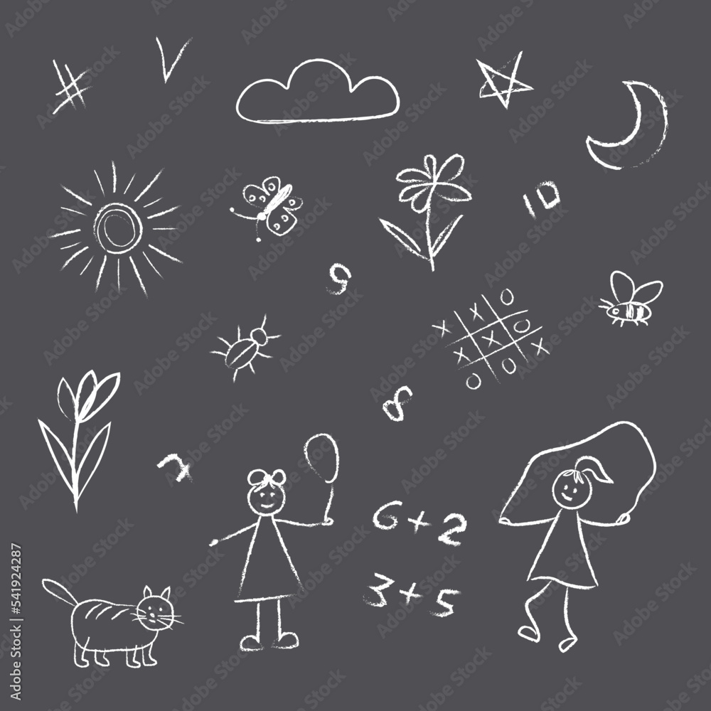 doodles are drawn by a child's hand with chalk on asphalt or on a ...