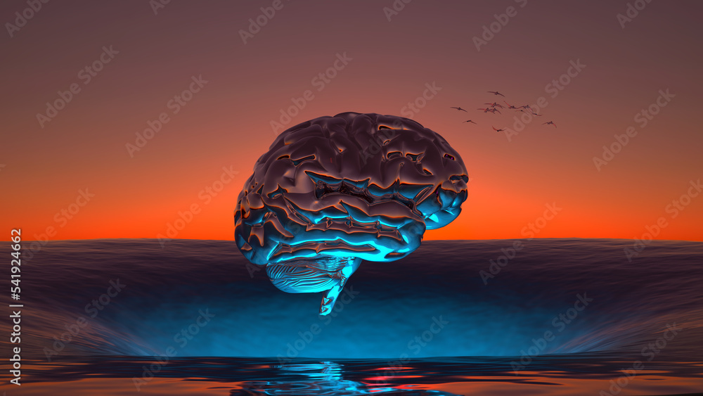 human brain side view hovering over the horizon of the sea at sunset ...