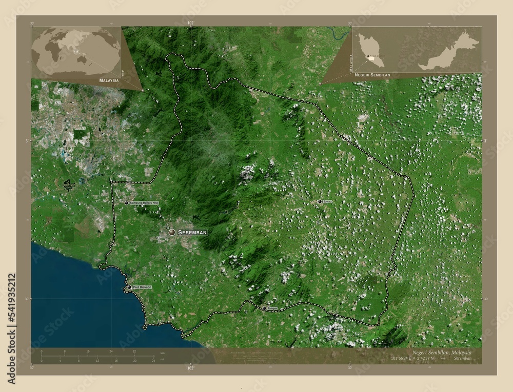 Negeri Sembilan, Malaysia. High-res satellite. Labelled points of ...