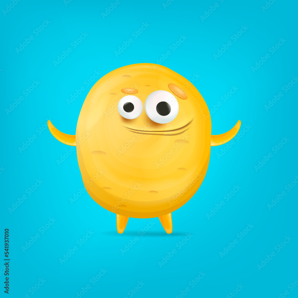 Vector cartoon funny yellow alien monster isolated on blue background ...